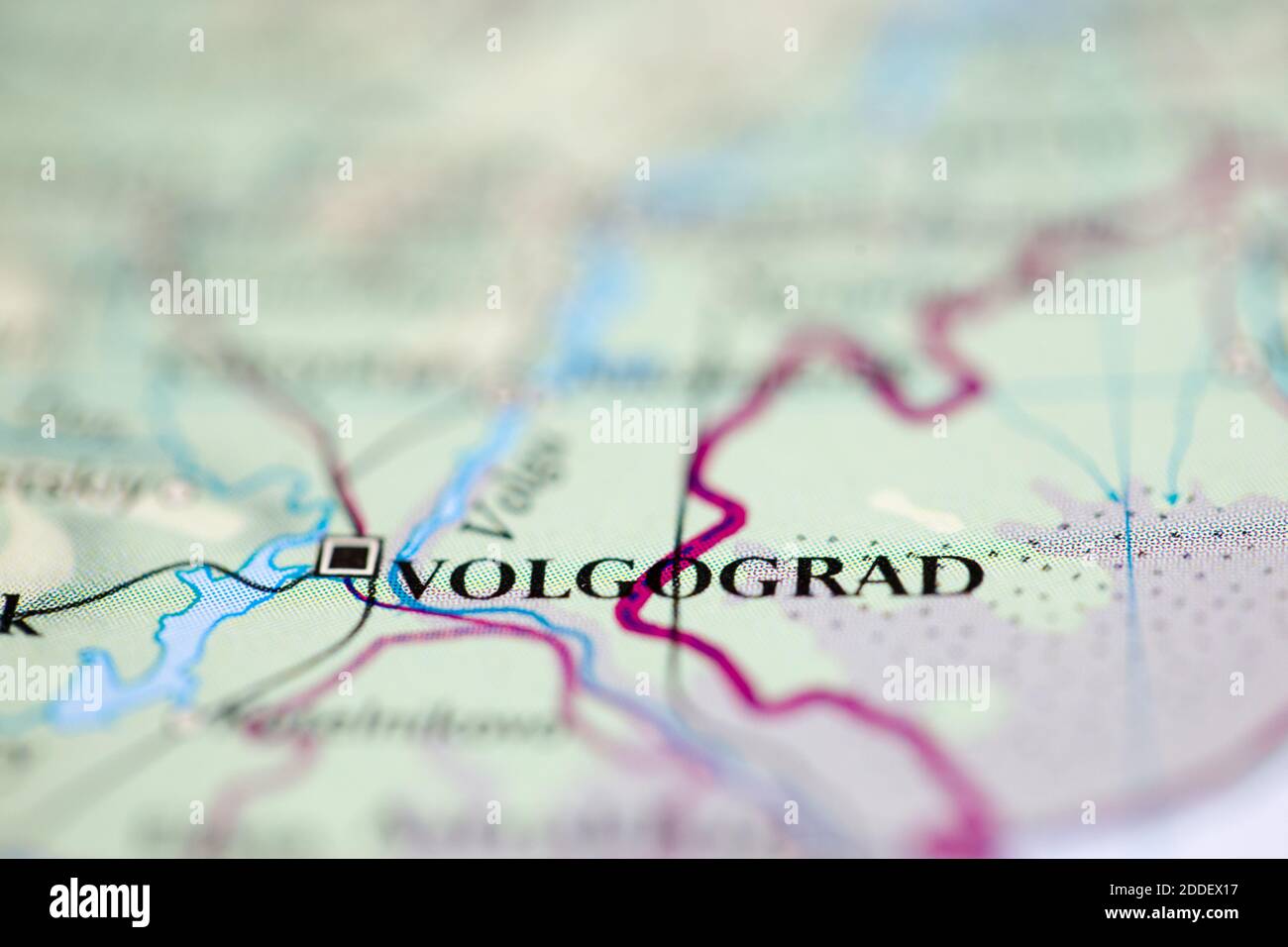 Shallow depth of field focus on geographical map location of Volgograd ...