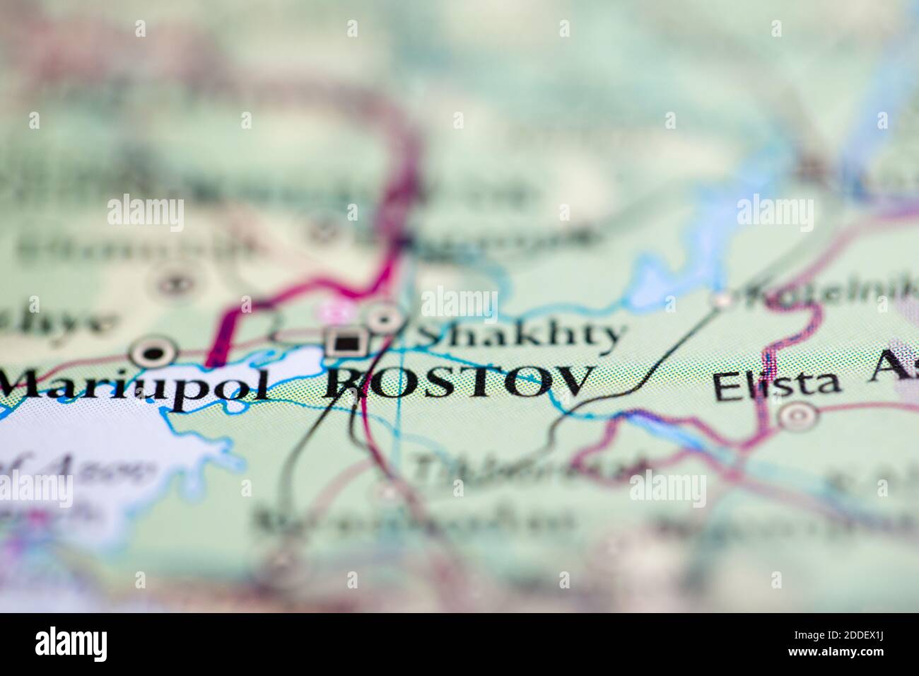 Shallow depth of field focus on geographical map location of Rostov ...