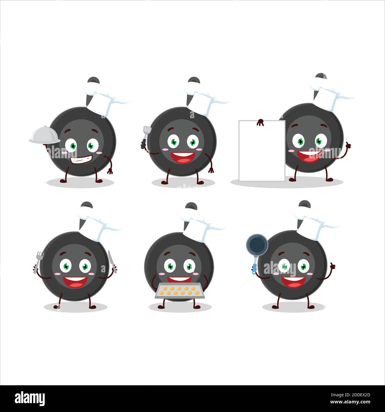 Cartoon character of frying pan with various chef emoticons. Vector ...