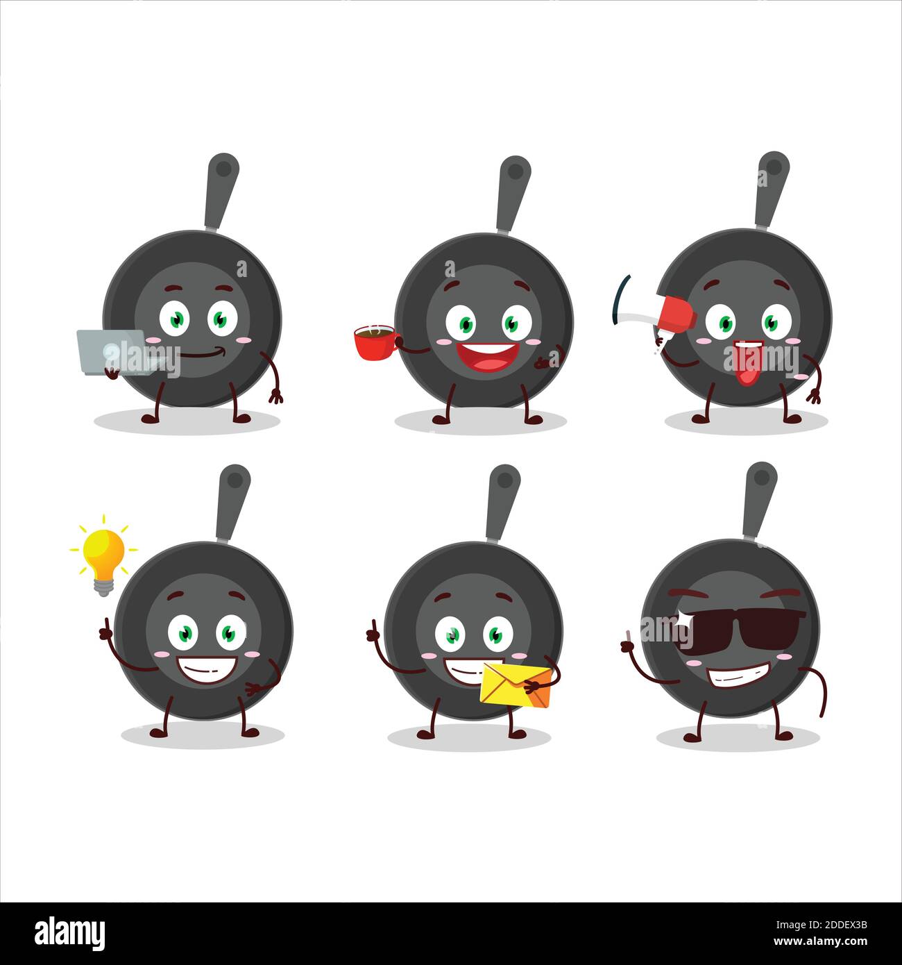 Frying pan cartoon character with various types of business emoticons ...