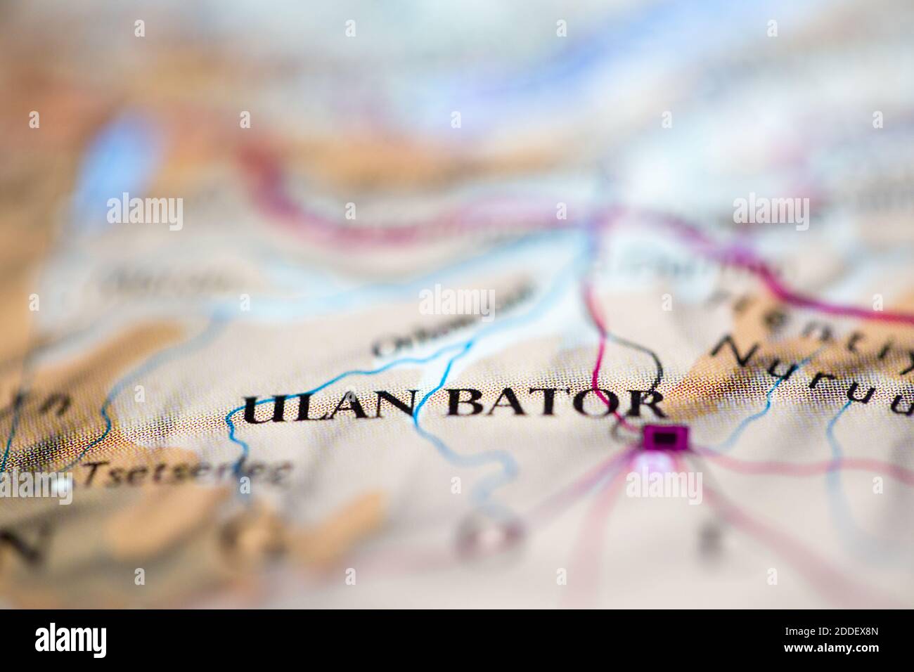 Shallow depth of field focus on geographical map location of Ulan Bator ...