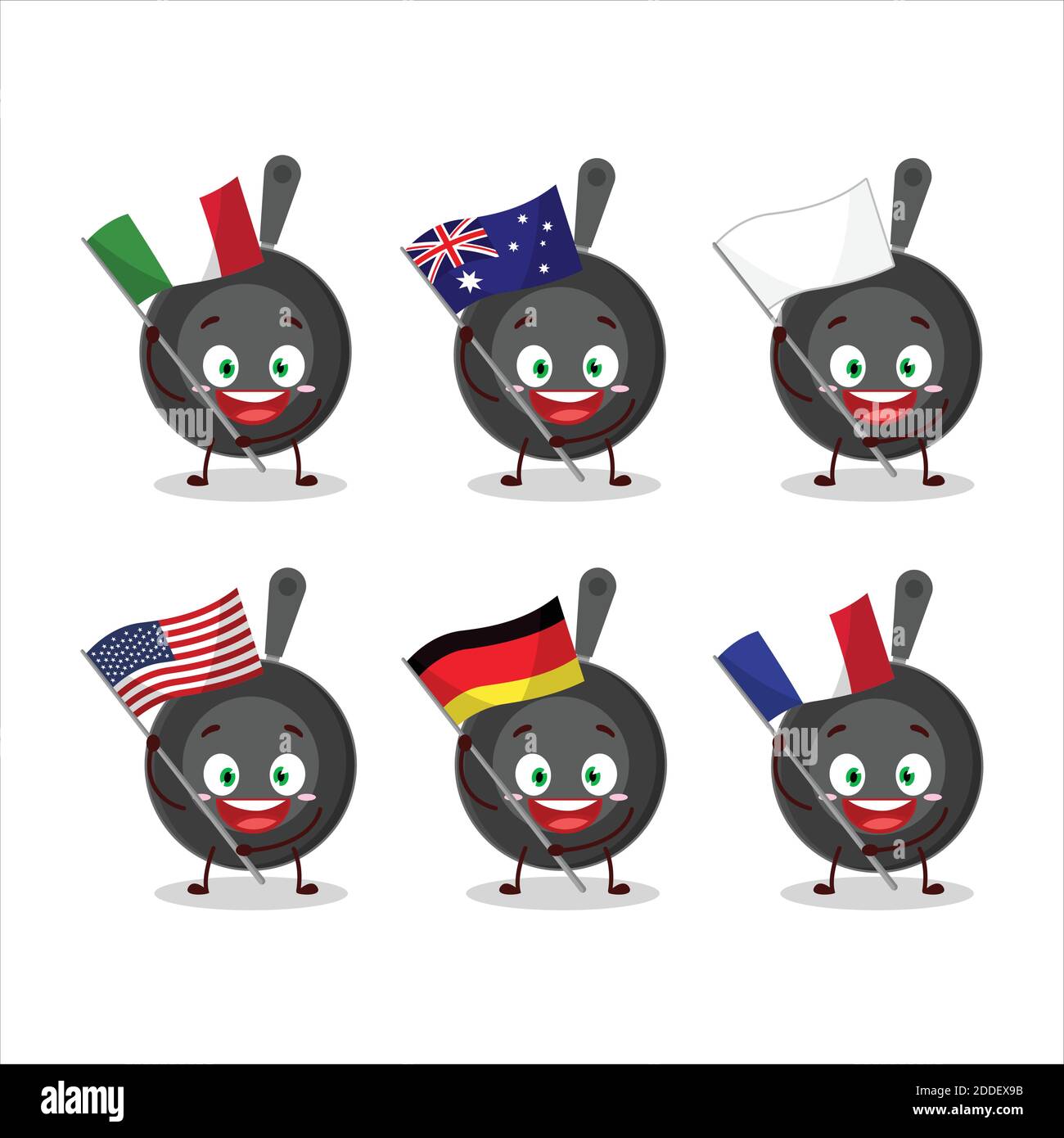 Frying pan cartoon character bring the flags of various countries ...