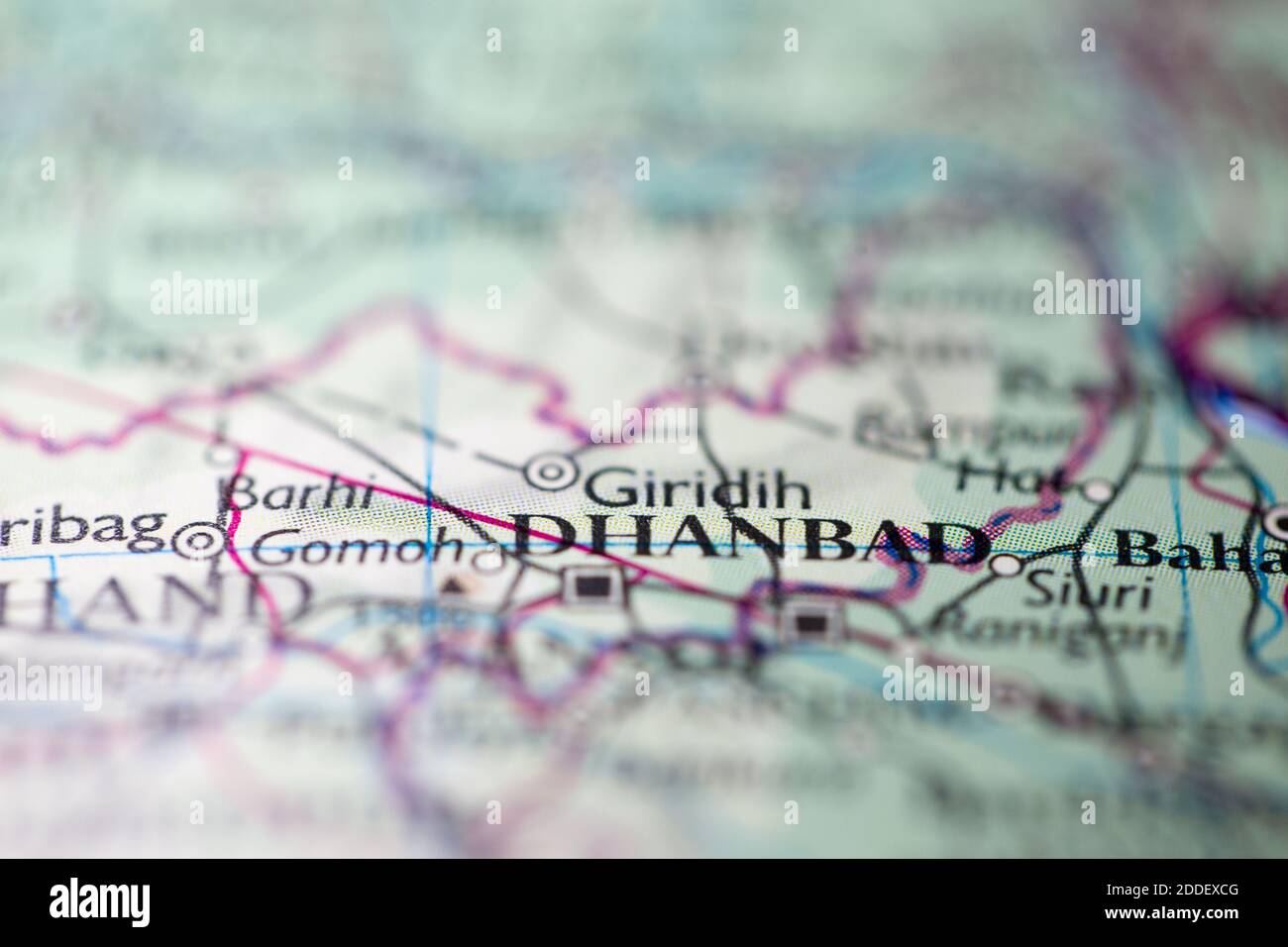 Shallow depth of field focus on geographical map location of Dhanbad ...