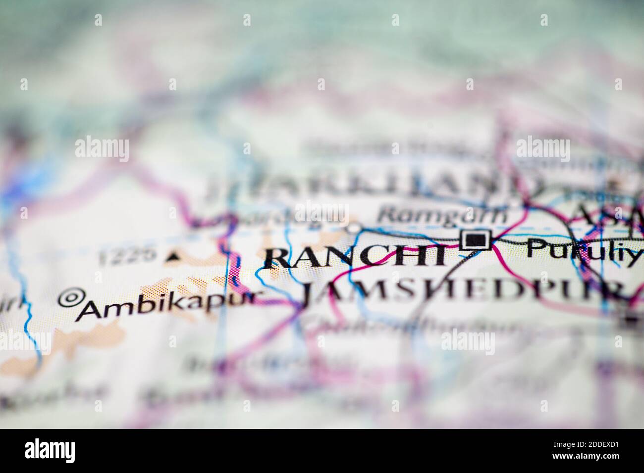 Shallow depth of field focus on geographical map location of Ranchi ...