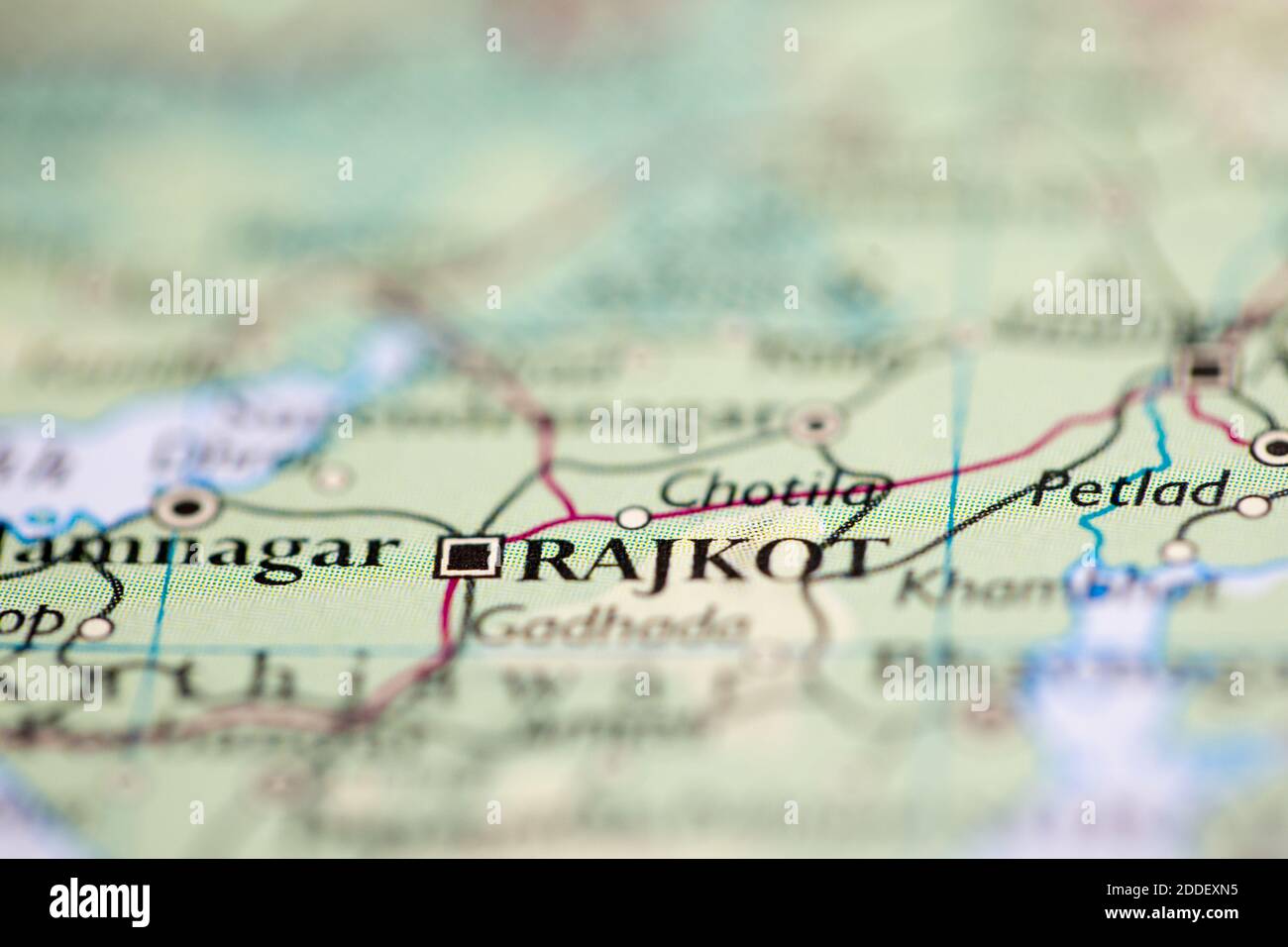 Shallow depth of field focus on geographical map location of Rajkot ...
