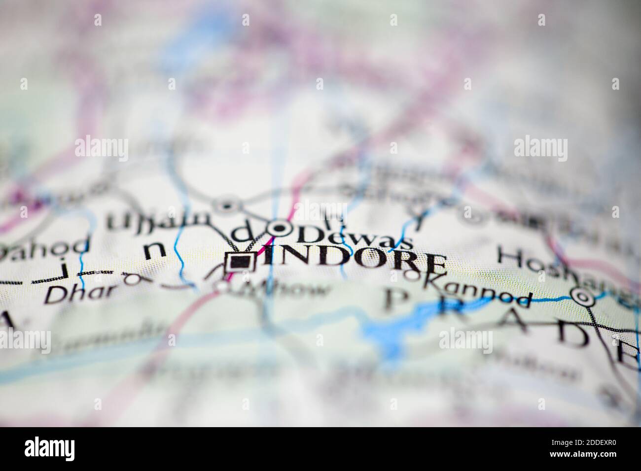 Shallow depth of field focus on geographical map location of Indore ...