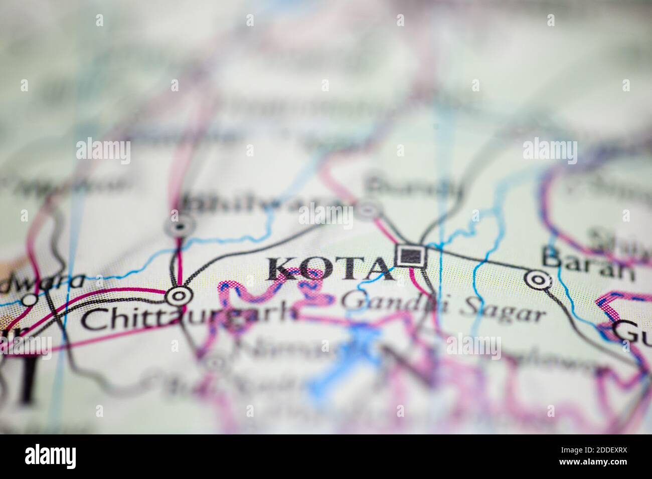 Shallow depth of field focus on geographical map location of Kota India ...