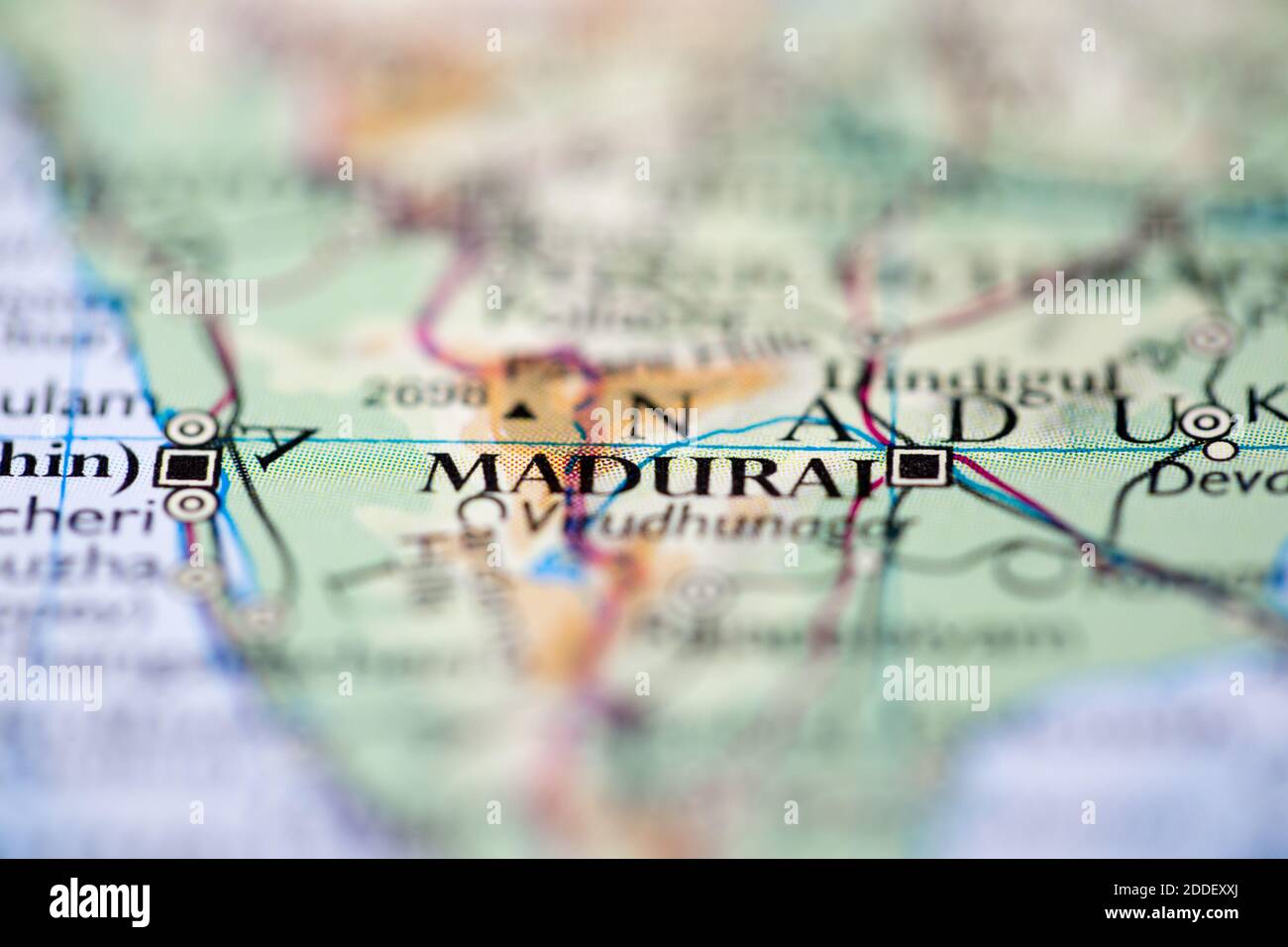 Shallow depth of field focus on geographical map location of Madurai ...
