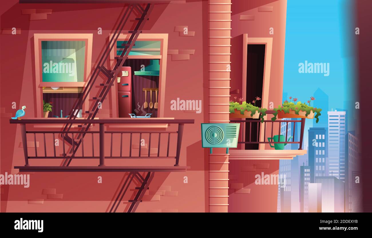 Vector cartoon style of building facade in side view with balconies and ...