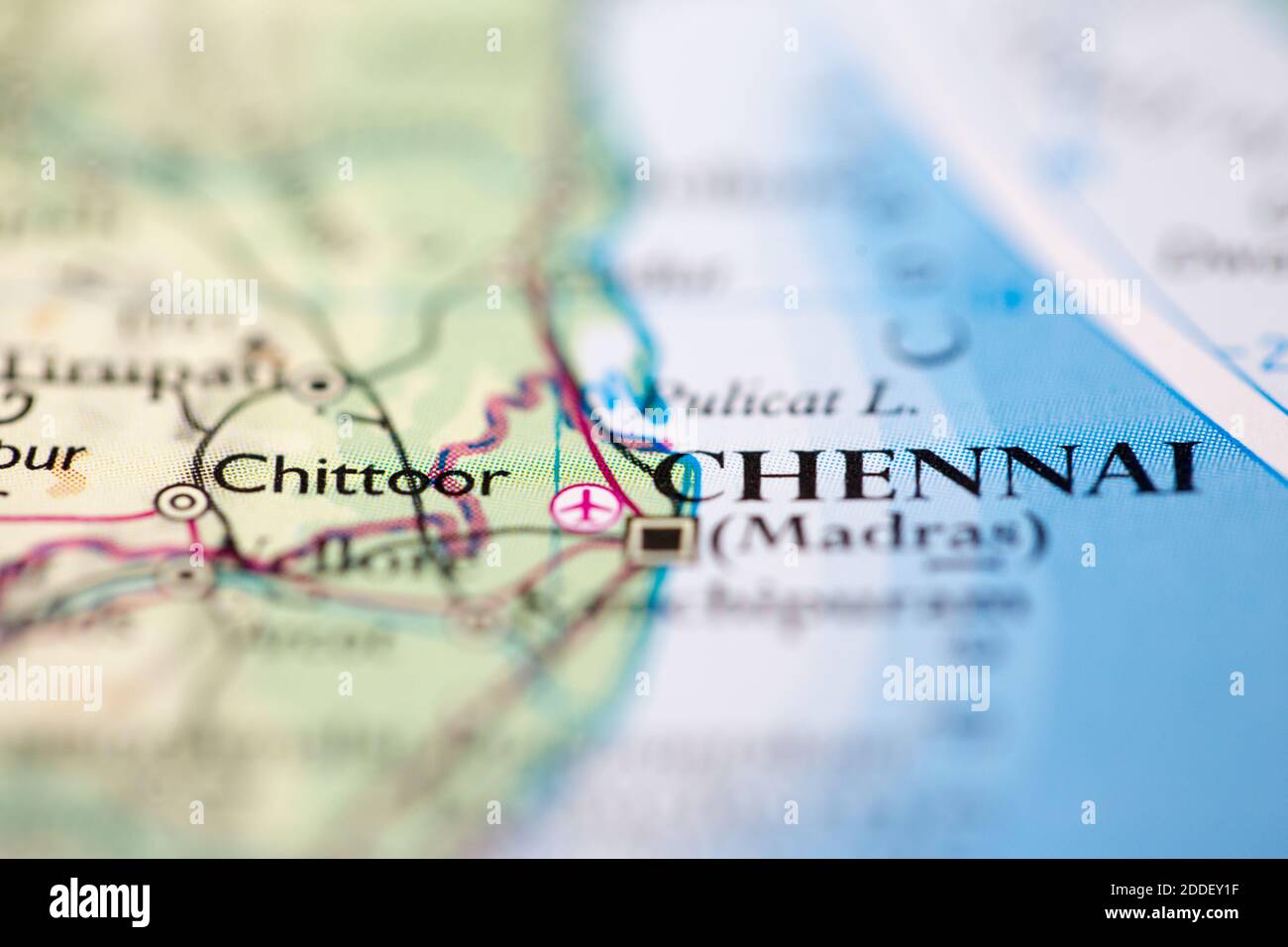 Shallow depth of field focus on geographical map location of Chennai ...
