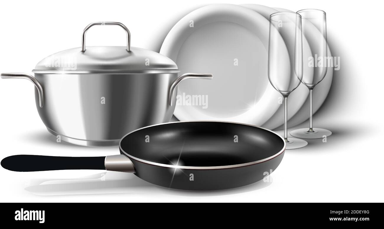 3d realistic vector icon illustration of kitchen dishes, pan and pot ...