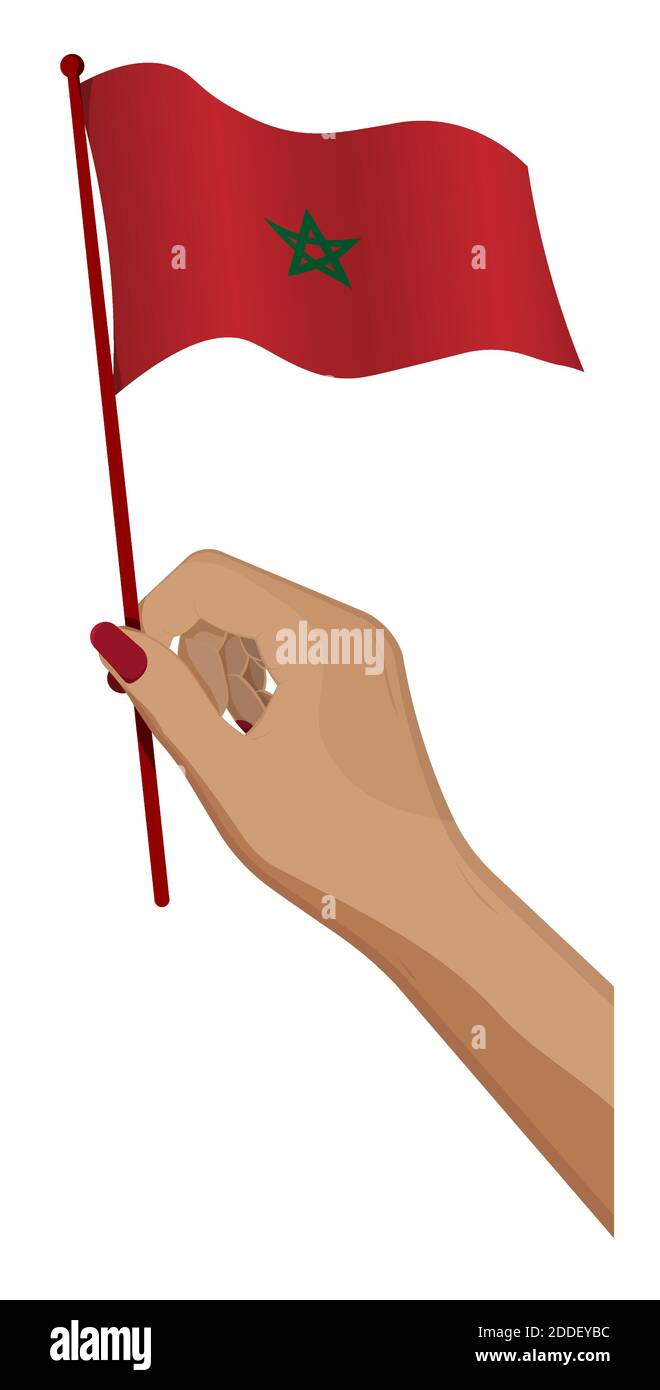 Female hand gently holds small morocco flag. Holiday design element ...