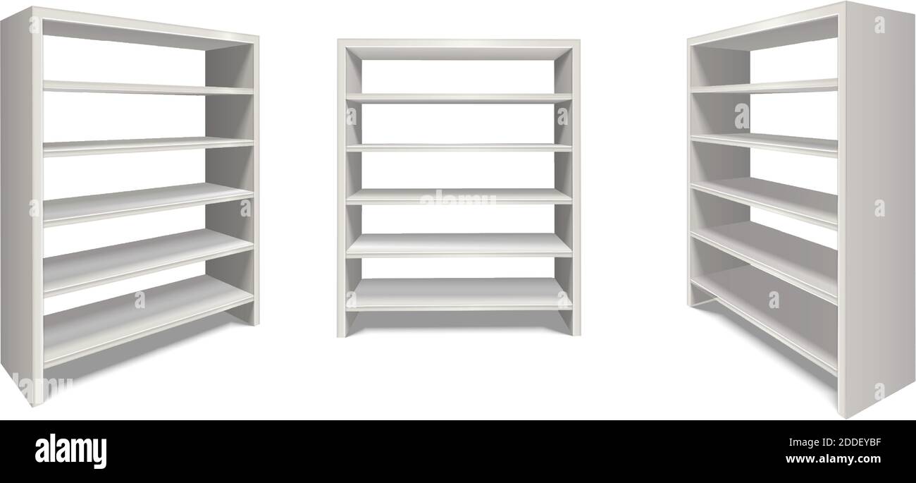 3d realistic vector shelf stand in white color from side and front view ...