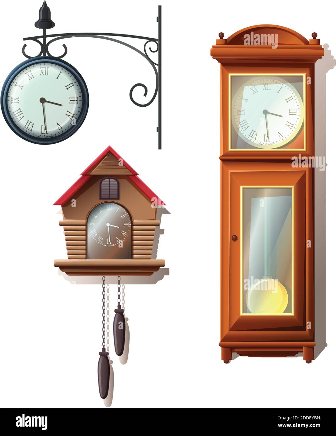 Vector cartoon style watch collection, wall watch, floor. Isolated on ...