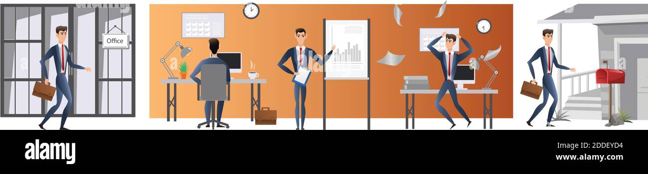 vector cartoon flat style of man day in life, office work or work from ...