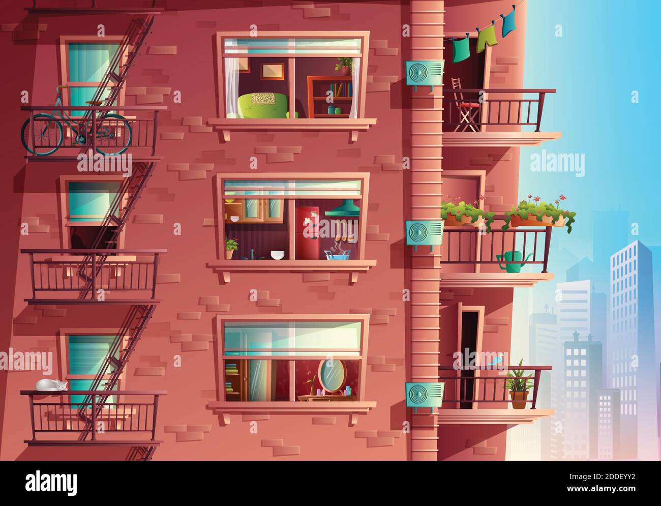 Vector cartoon style of building facade in side view with balconies and ...