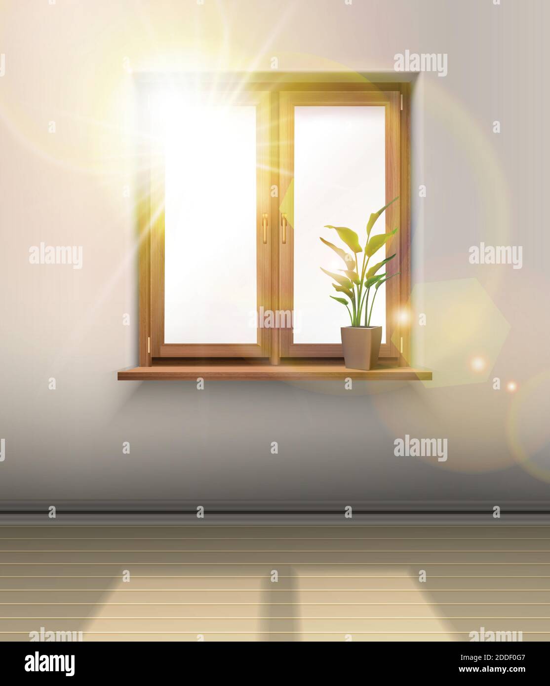 3d realistic vector interior. Wooden window with a plant and sun ...