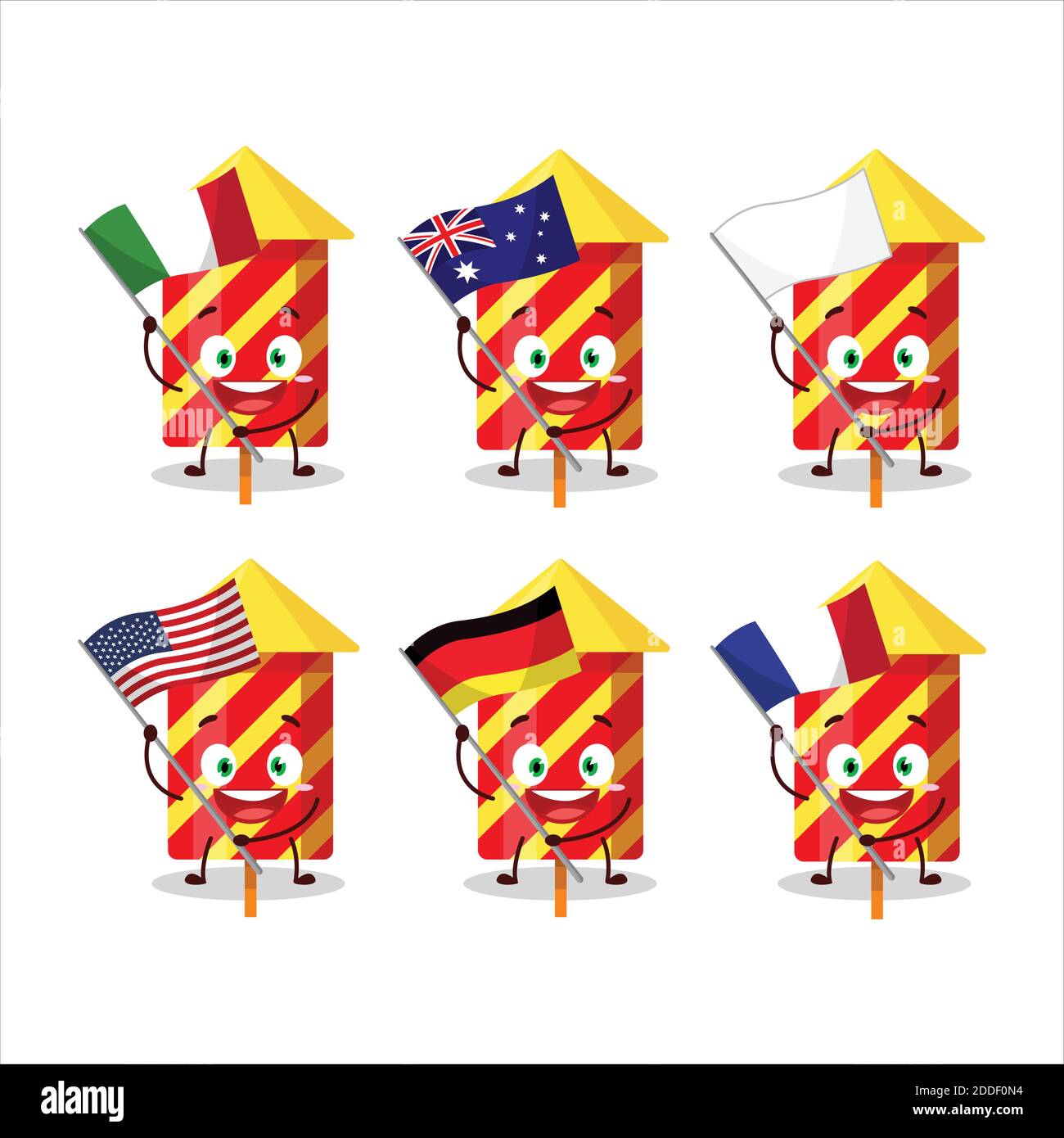 Red firecracker cartoon character bring the flags of various countries ...