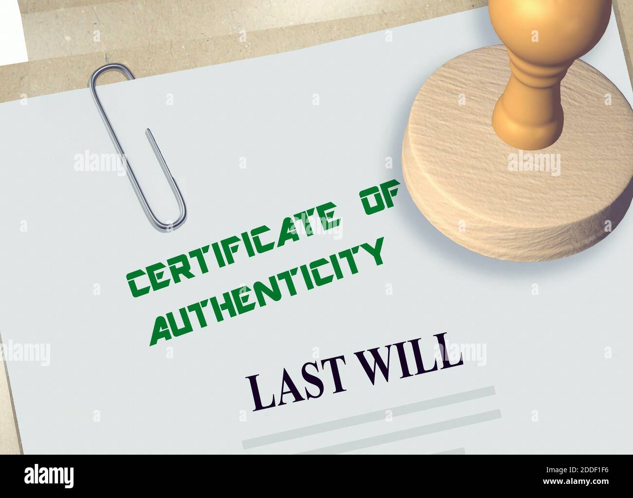 3D illustration of CERTIFICATE OF AUTHENTICITY stamp title on a will ...