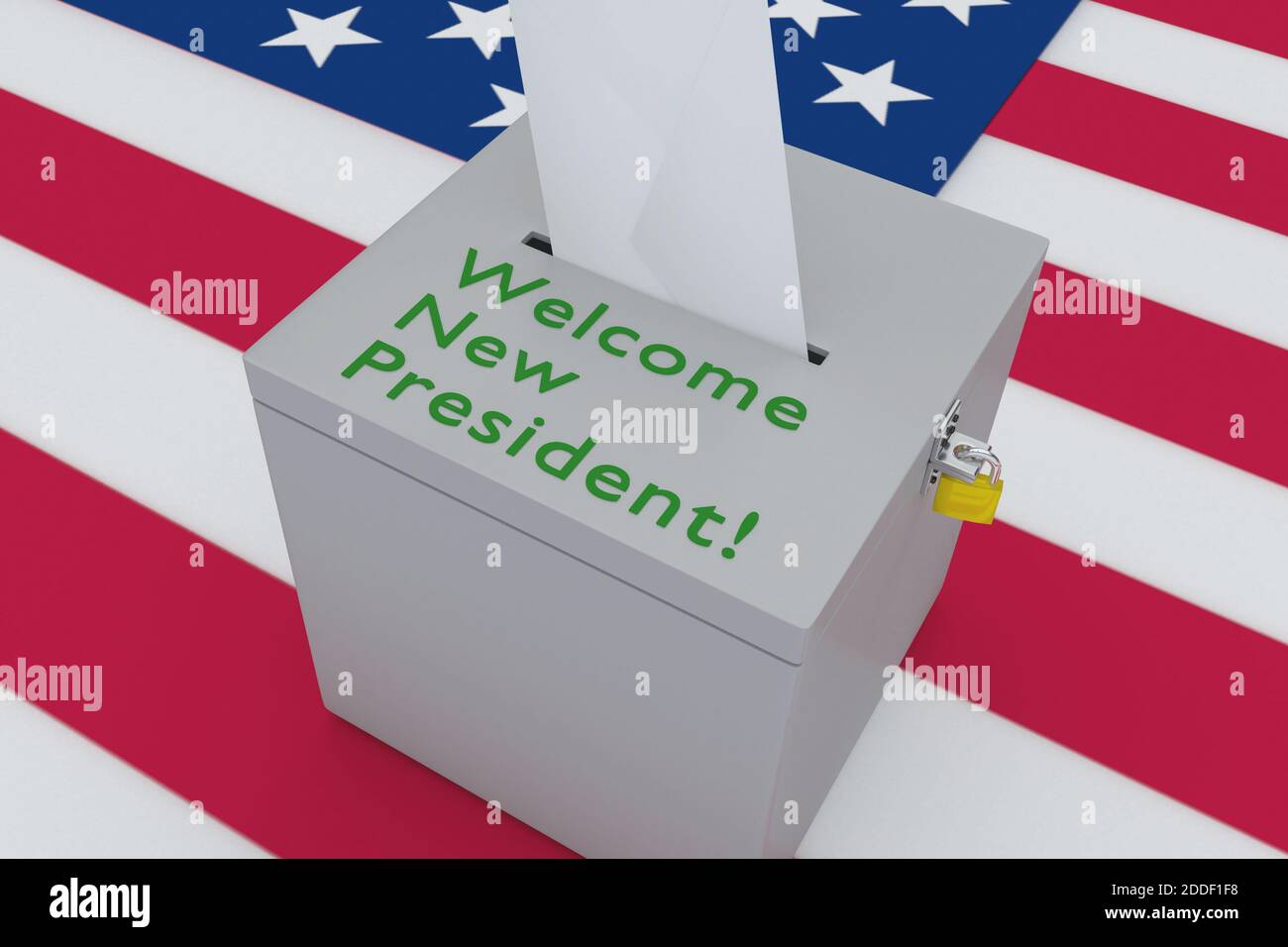 3D illustration of Welcome New President! script on a ballot box, with ...