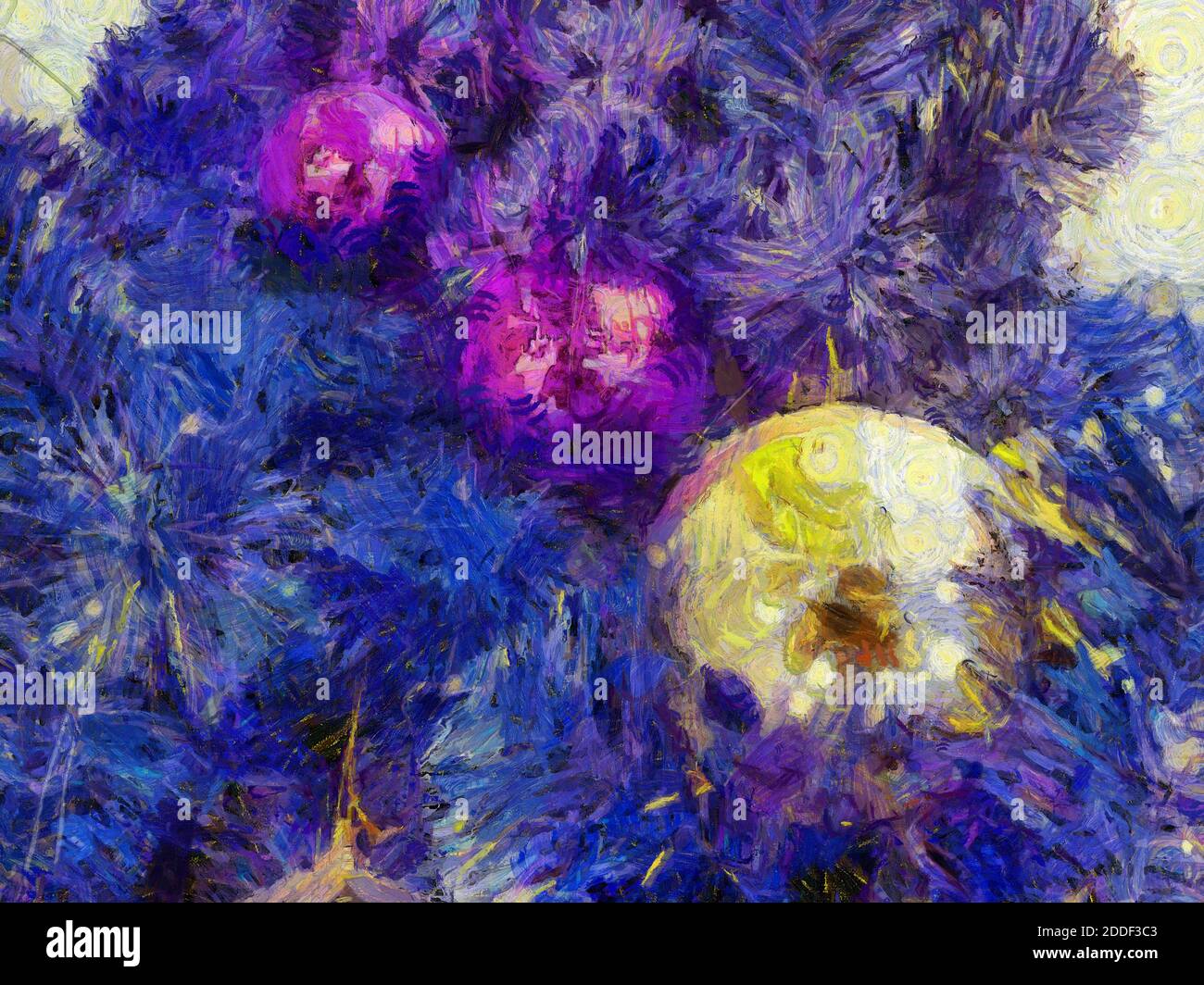 Purple Christmas tree and golden and silver decorative balls ...