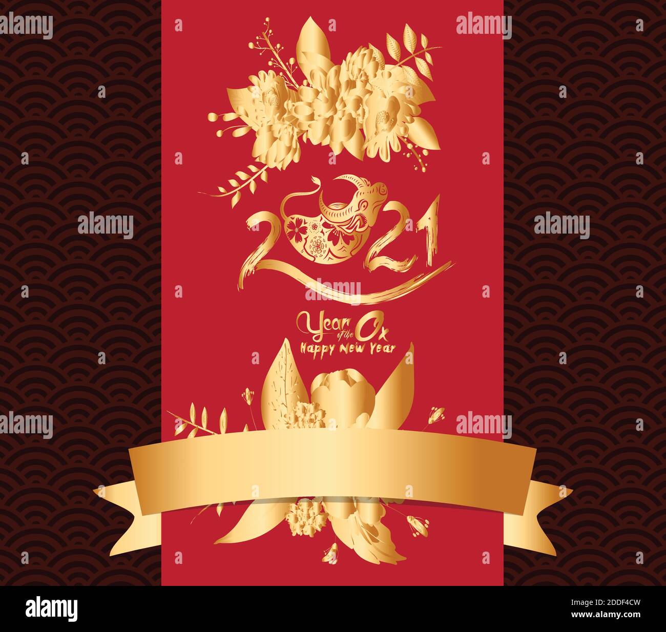 Chinese new year 2021 year of the ox , gold floral cut ox character ...