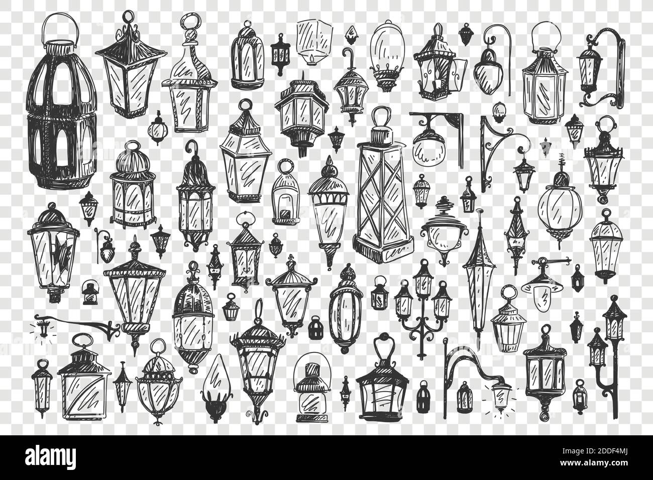 Street lamps doodle set. Collection of urban flashlights lighting tools ...