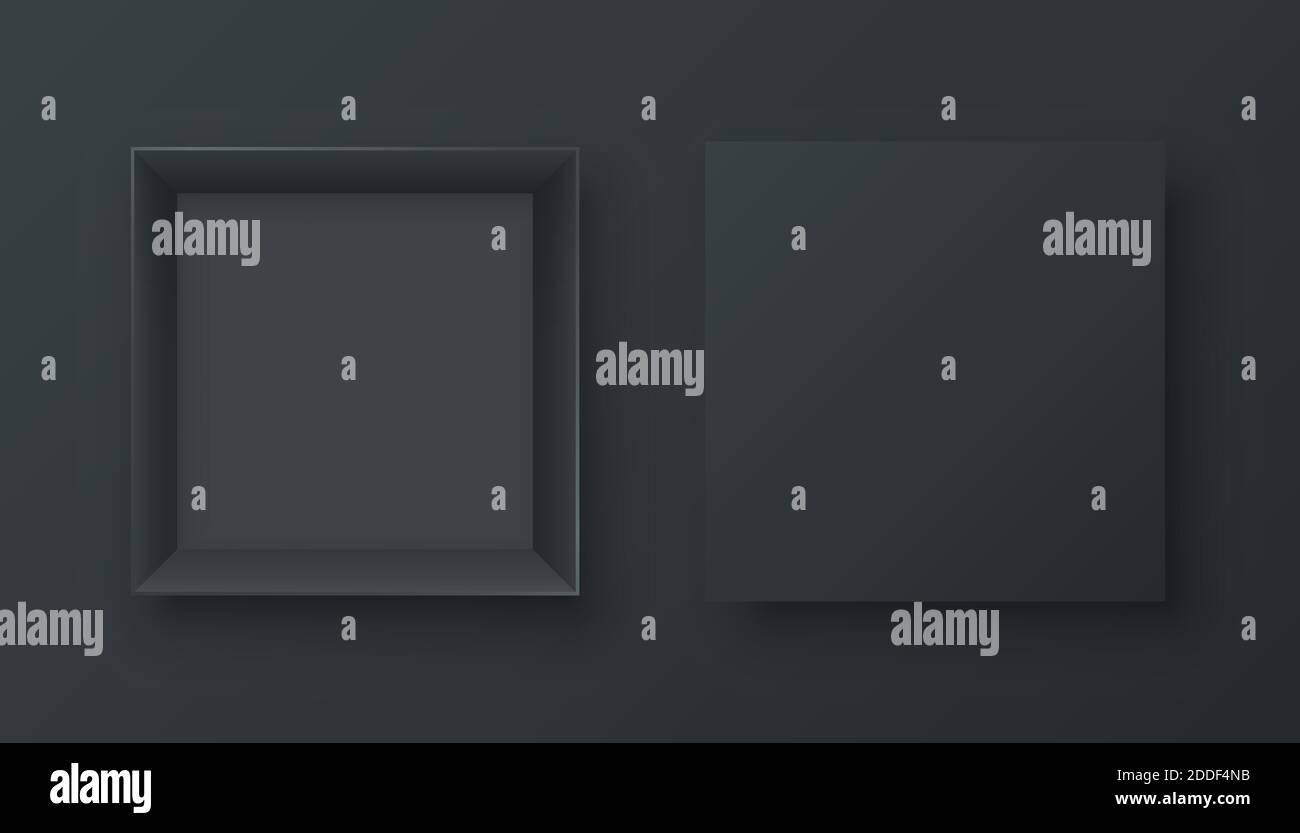 Realistic open empty gift box two view. Paper square cardboard black ...