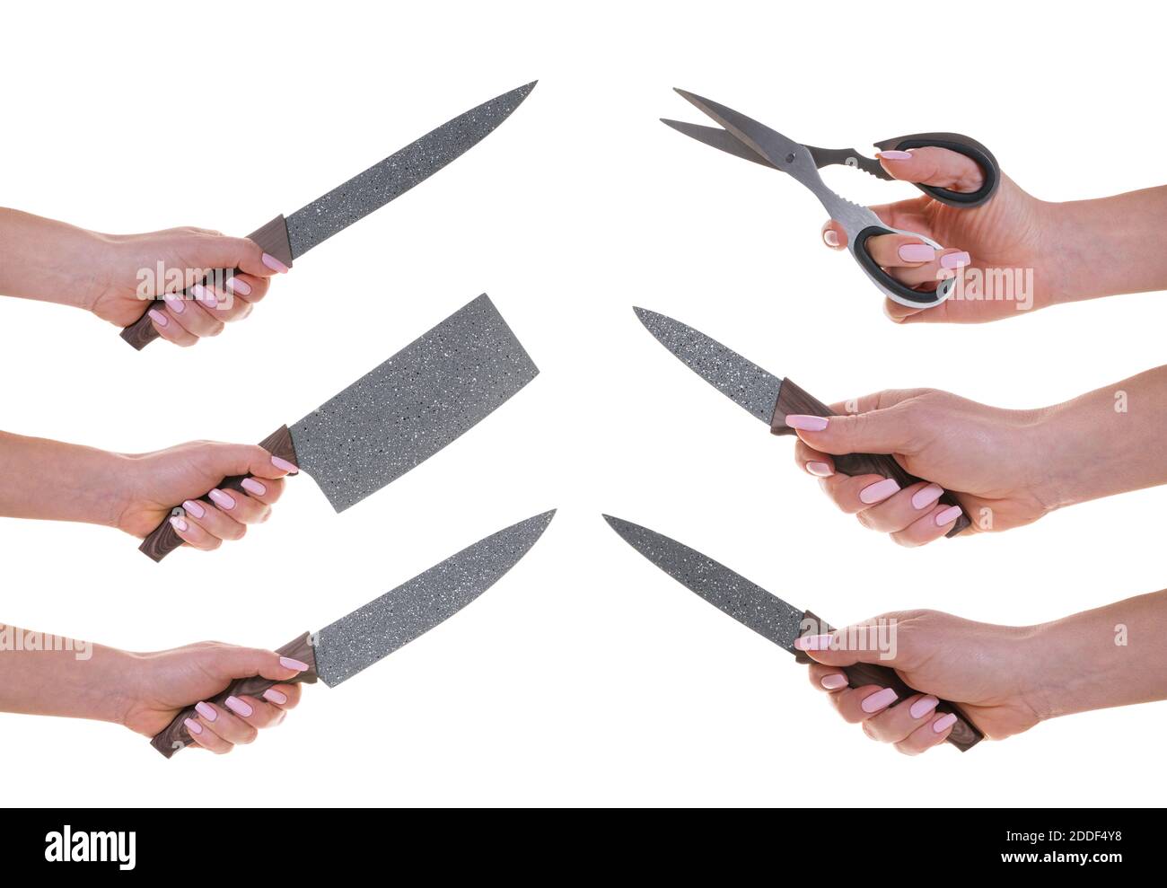 set kitchen knife in female hand on white isolated background Stock ...