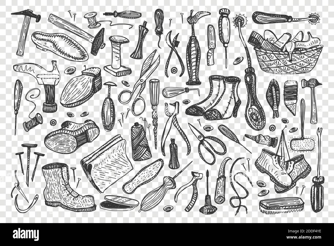 Shoemaking doodle set. Collection of male female boots repair tailoring ...
