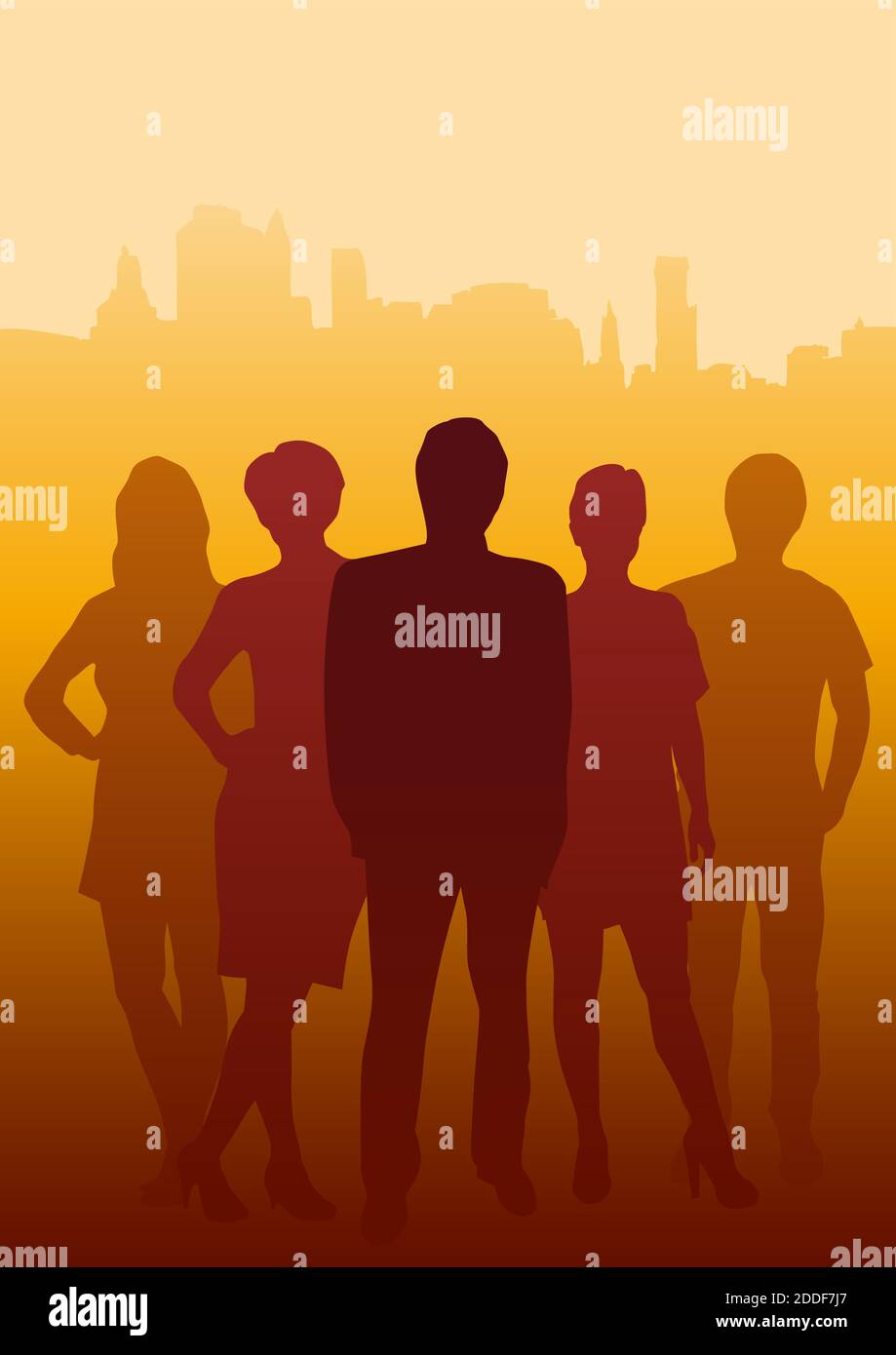 Vector Teamwork in the town, background in orange Stock Vector Image ...