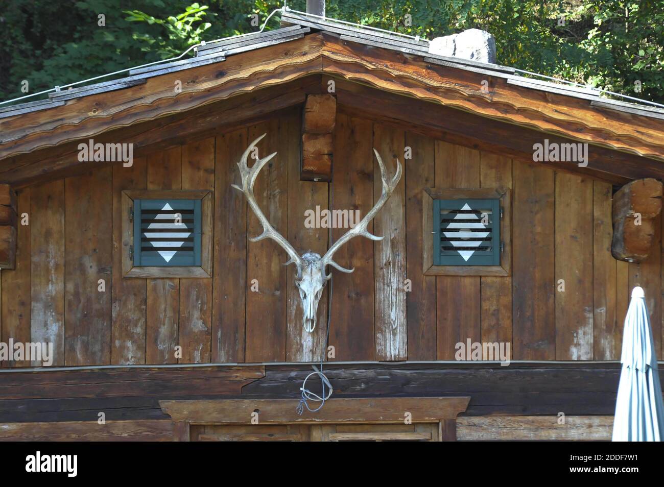 deer antlers as a hunting trophy on the outside wall of a building ...