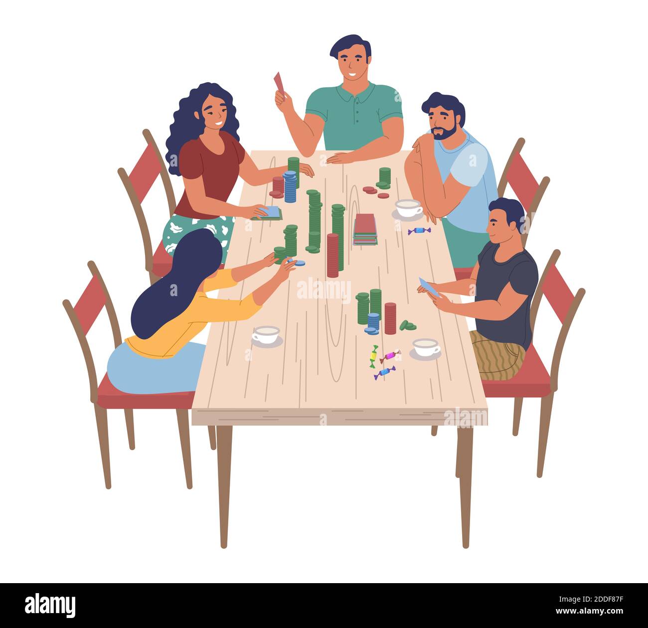 Happy family characters playing board game sitting at table, flat ...