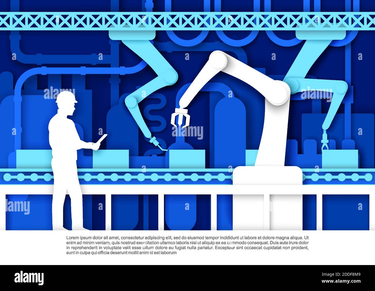 Automatic production conveyor belt, factory worker, engineer. Vector ...