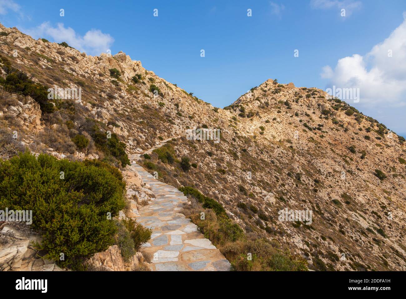 Stone mountain path to Palaiokastro, ruins Byzantine castle on the top ...