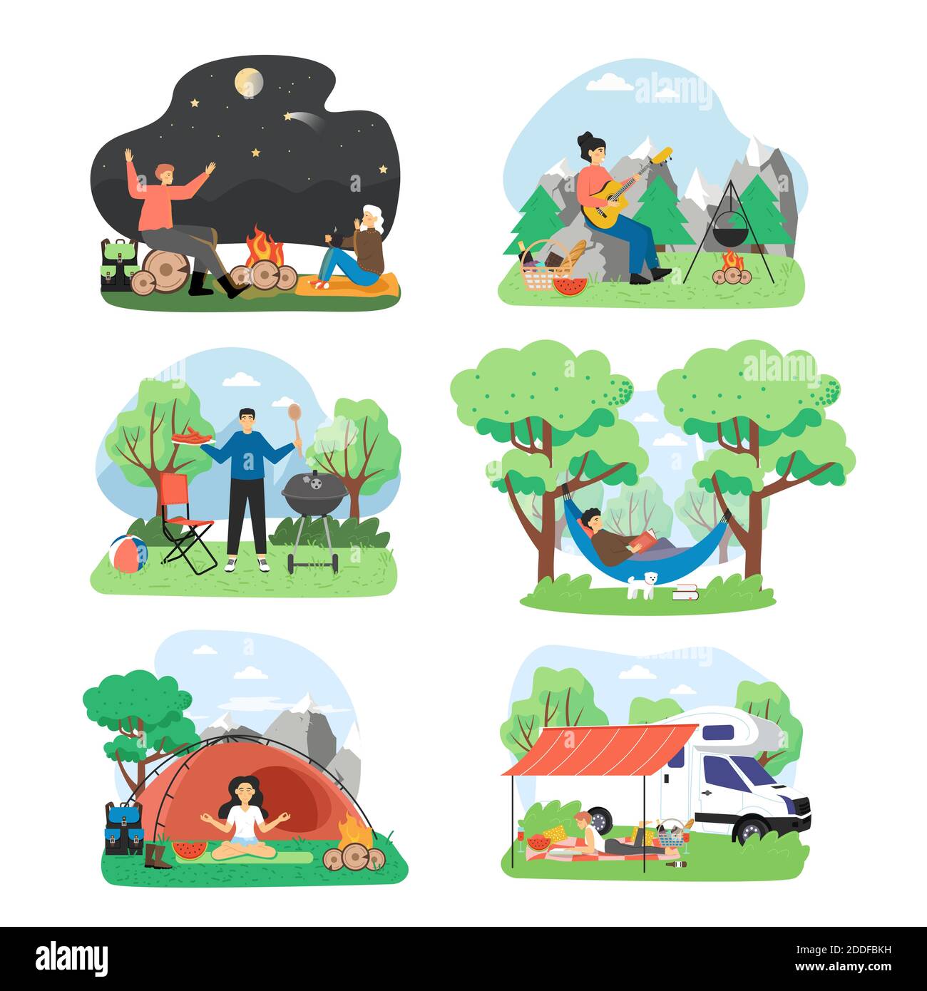 Summer bbq, picnic scene set, flat vector isolated illustration ...