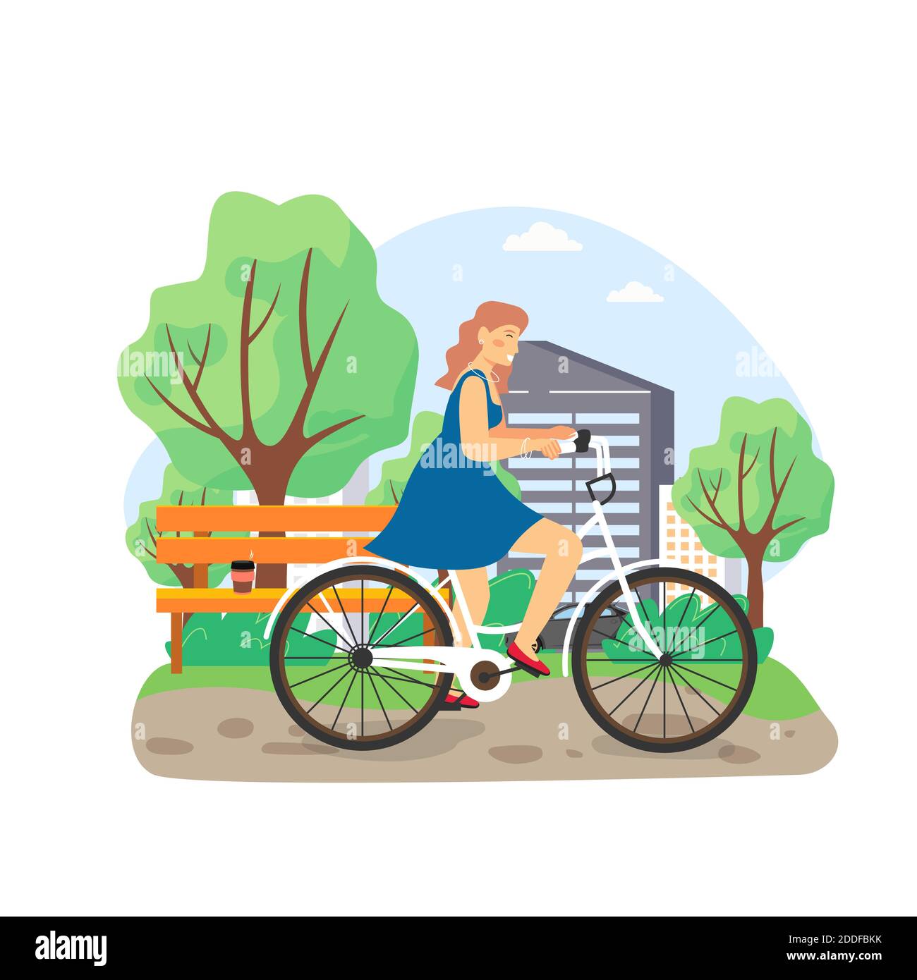 Daily life. Young woman riding bicycle in the park, flat vector ...