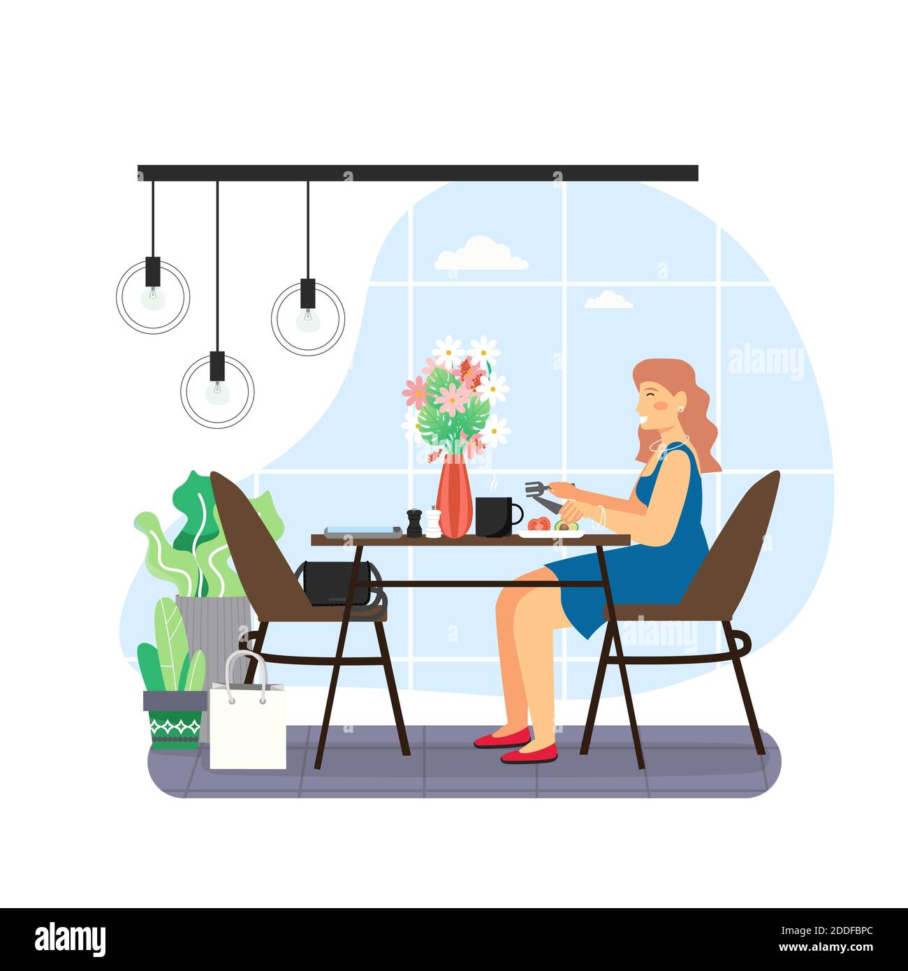 Daily life, morning routine. Young woman having breakfast, flat vector ...