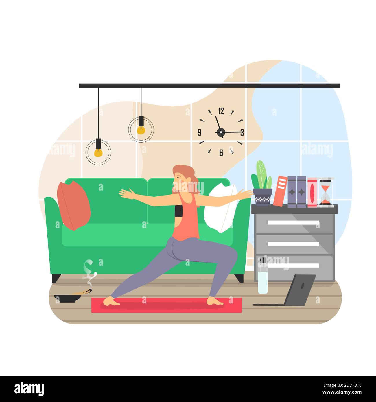 Daily life. Young woman doing yoga exercises, flat vector illustration ...