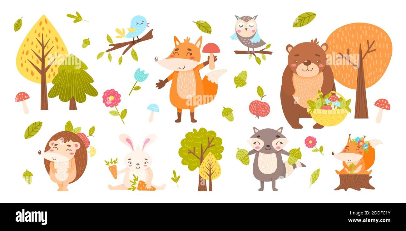 Big set of forest animals on an isolated background. Bear, fox, raccoon ...