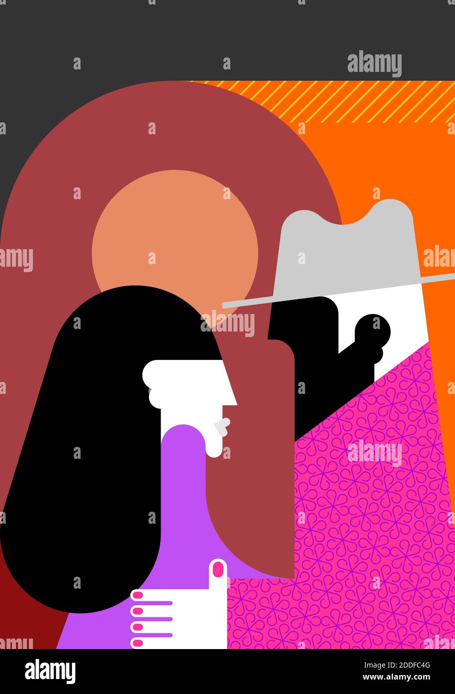 Adult couple saying goodbye vector illustration. Flat design vintage ...