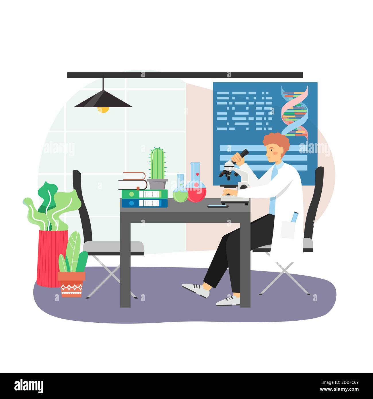 Scientist male character studying dna molecule with microscope, flat ...