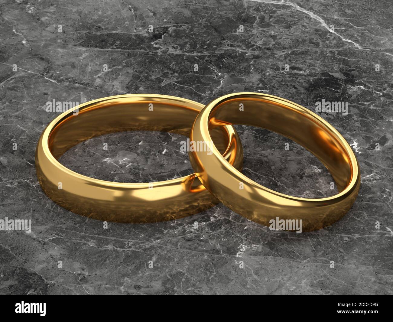Two wedding gold rings lie next to each other on marble background. 3d ...