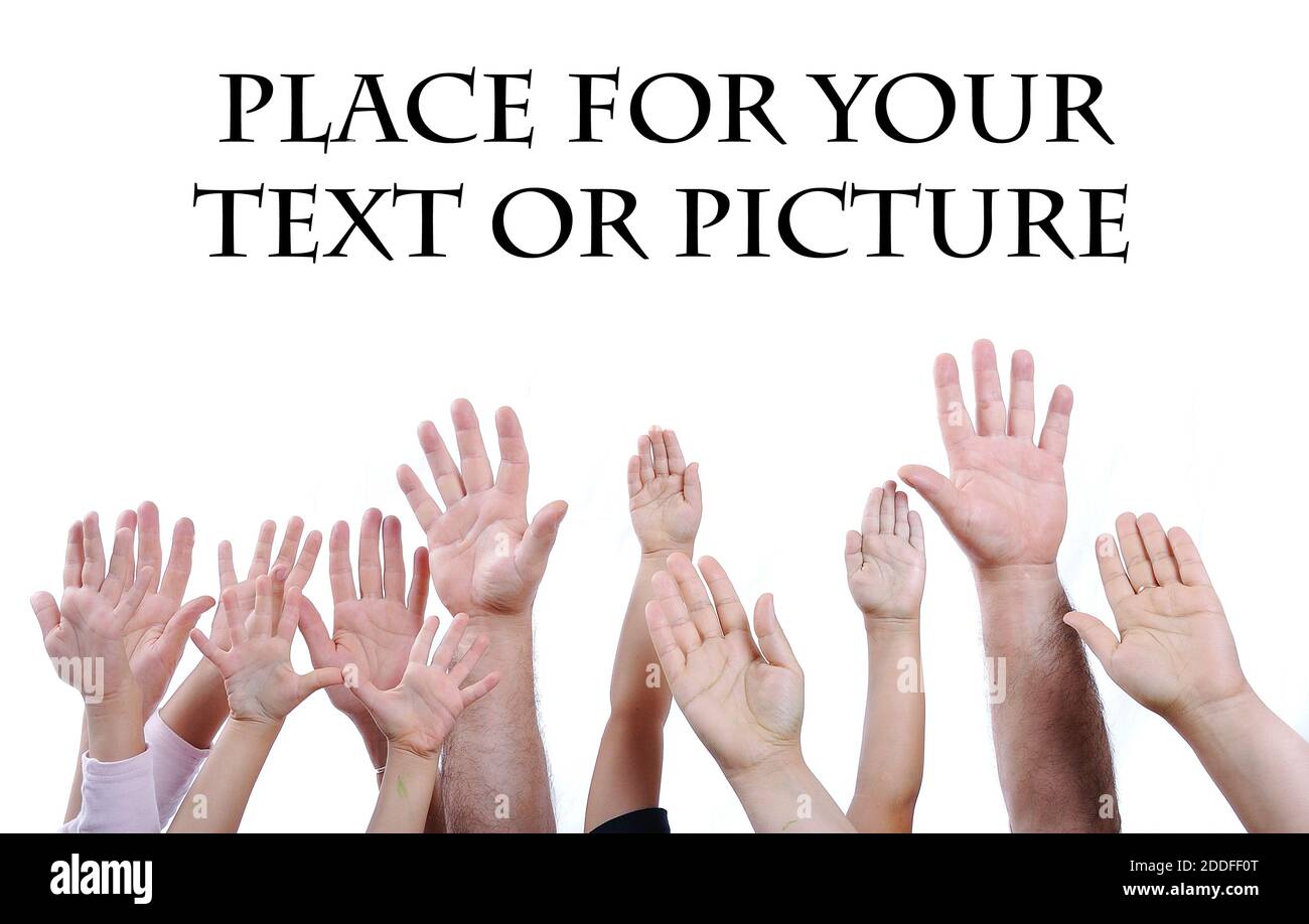 Many different sizes hands on isolated background Stock Photo - Alamy