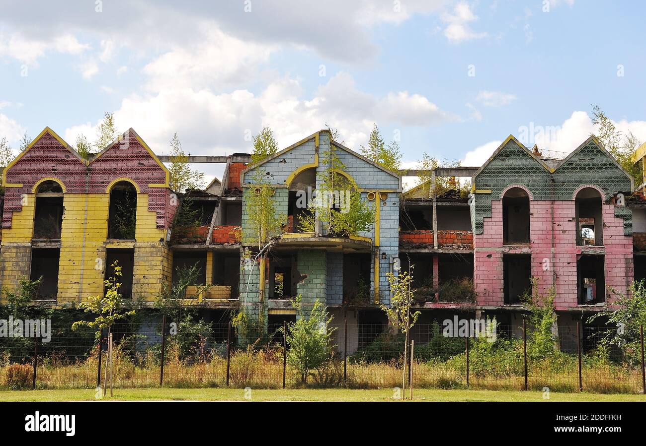Destroyed building, many colors, sky and clouds Stock Photo - Alamy