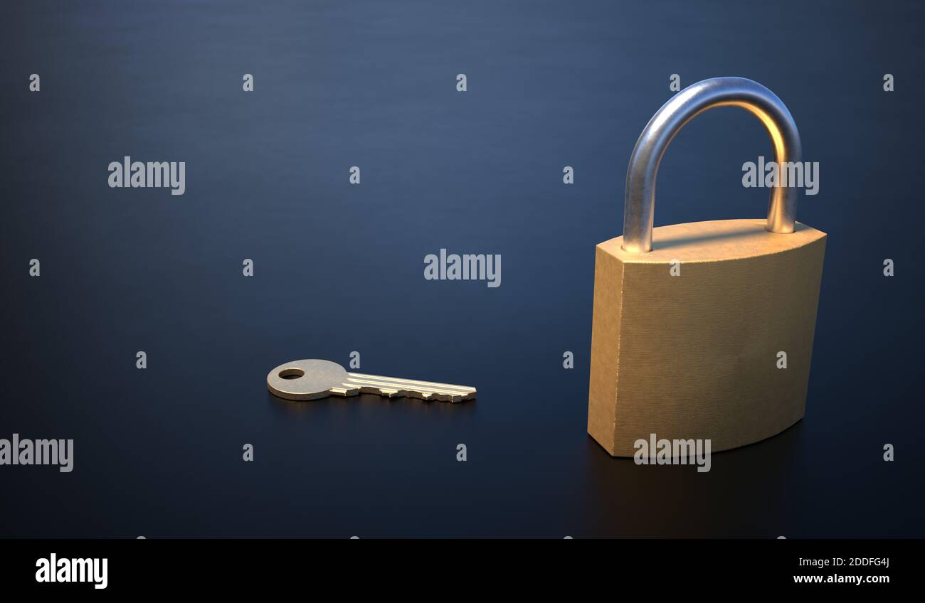 Key next to padlock. Safety and security concept. 3D rendered ...