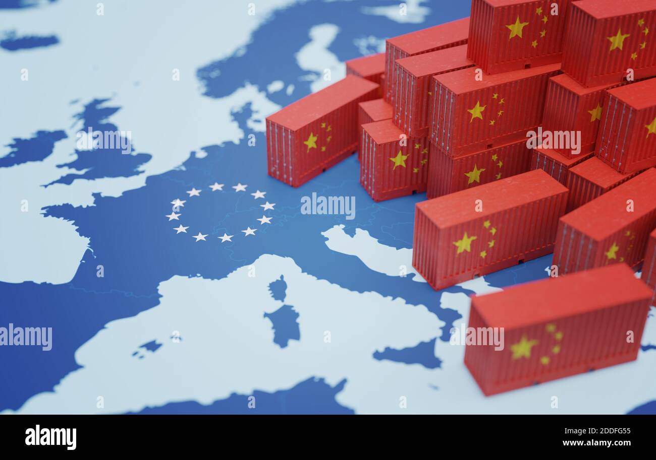 Chinese cargo containers on map of Europe. Import of chenese goods ...