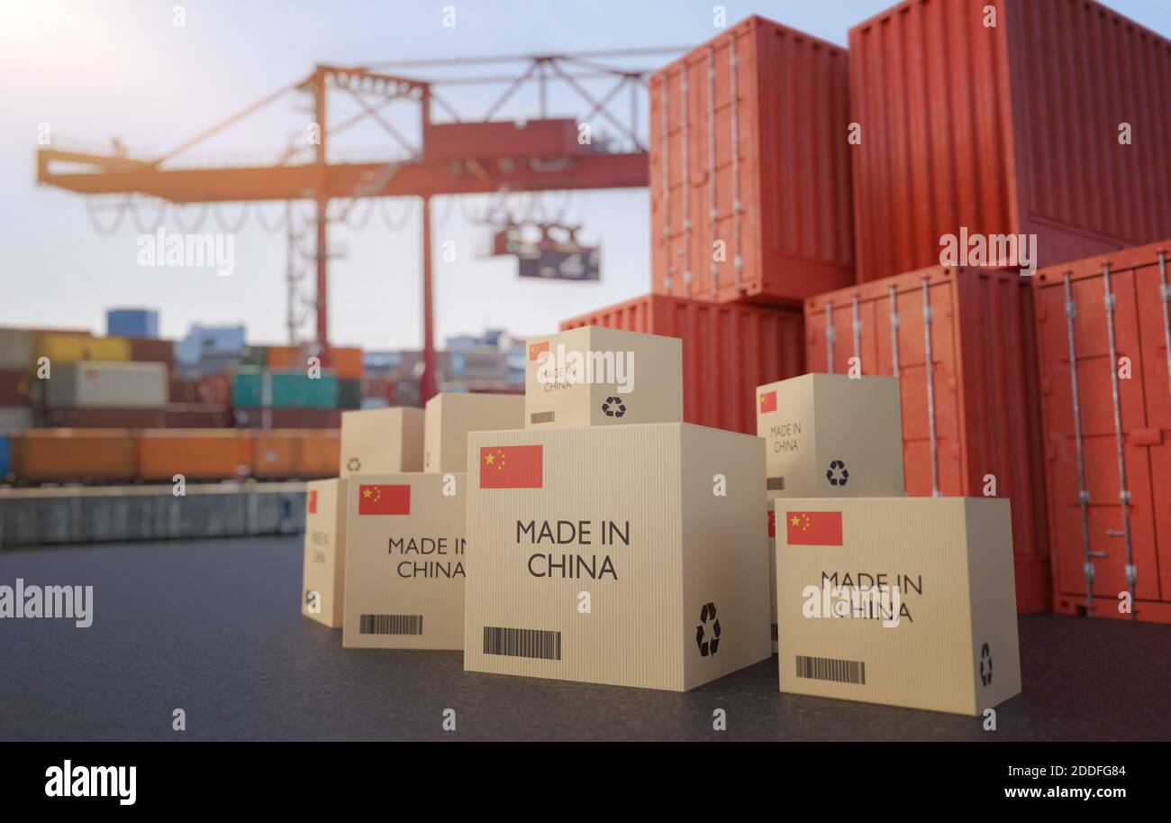 Many chinese cargo containers and cardboard boxes. Importing goods from ...