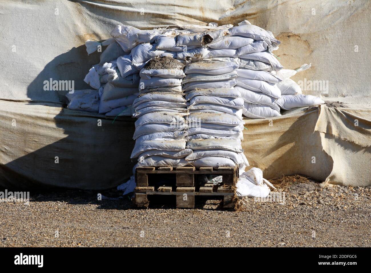 New and old partially broken white sandbags used for flood protection ...