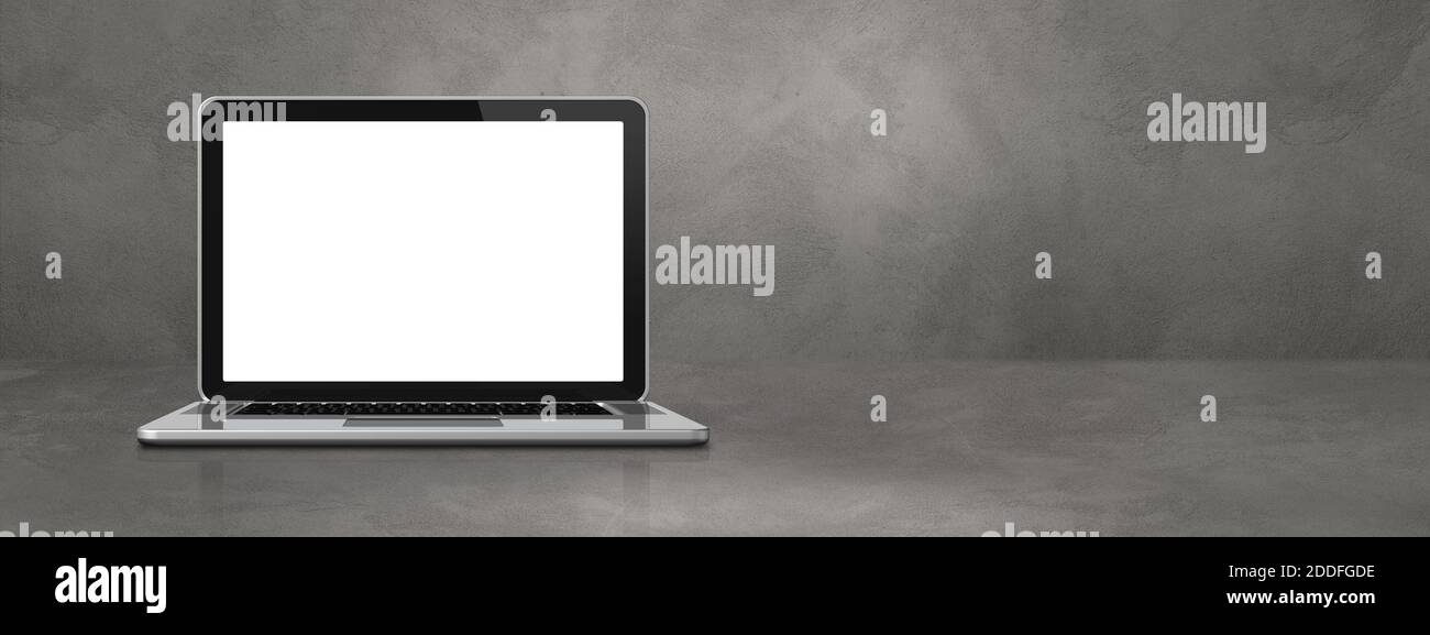 Laptop computer on concrete office scene background banner. 3D ...